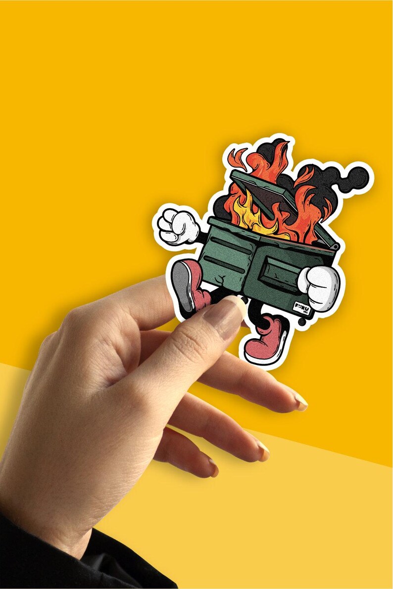 Dumpster Fire Sticker, Rubberhose Inspired Trash Sticker, Cute Cuphead ...