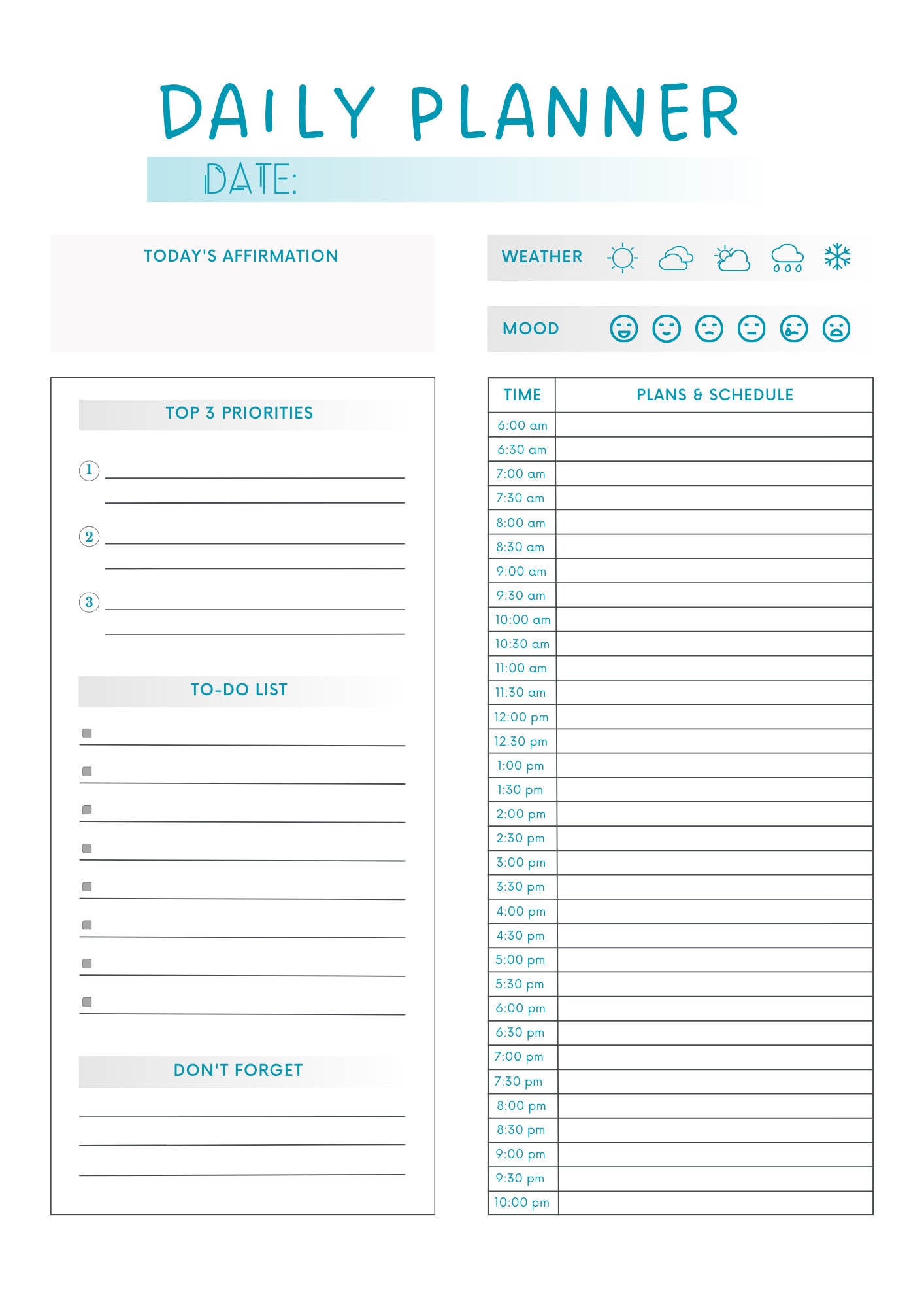 FINEZZIA Weekly Planner Printable Light Blue Weekly Schedule Girls Boys ...