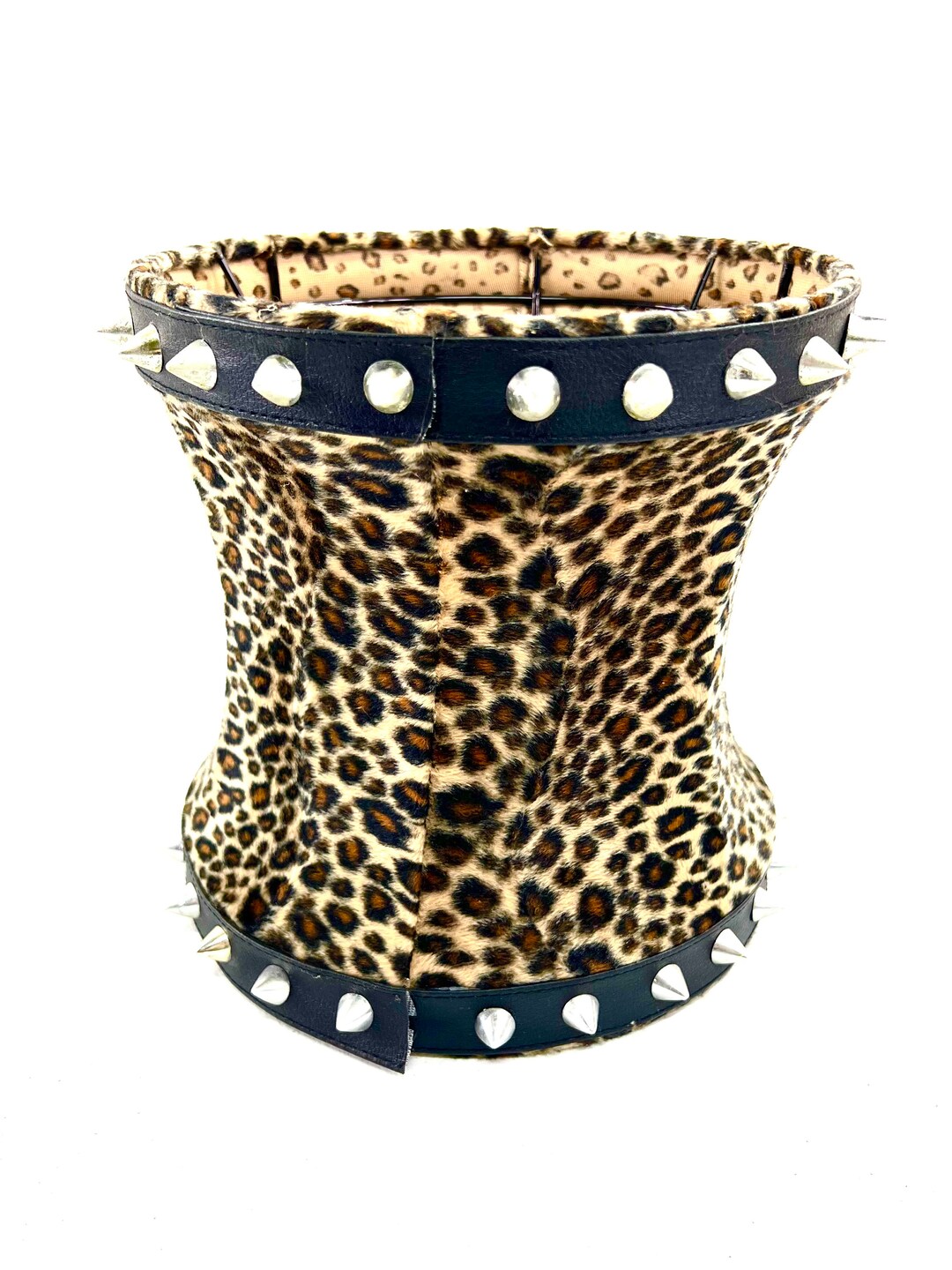 Handmade Leather Spiked Cheetah Print Fur Lamp Shade Lighting Cover Medium Sized Corset Drum