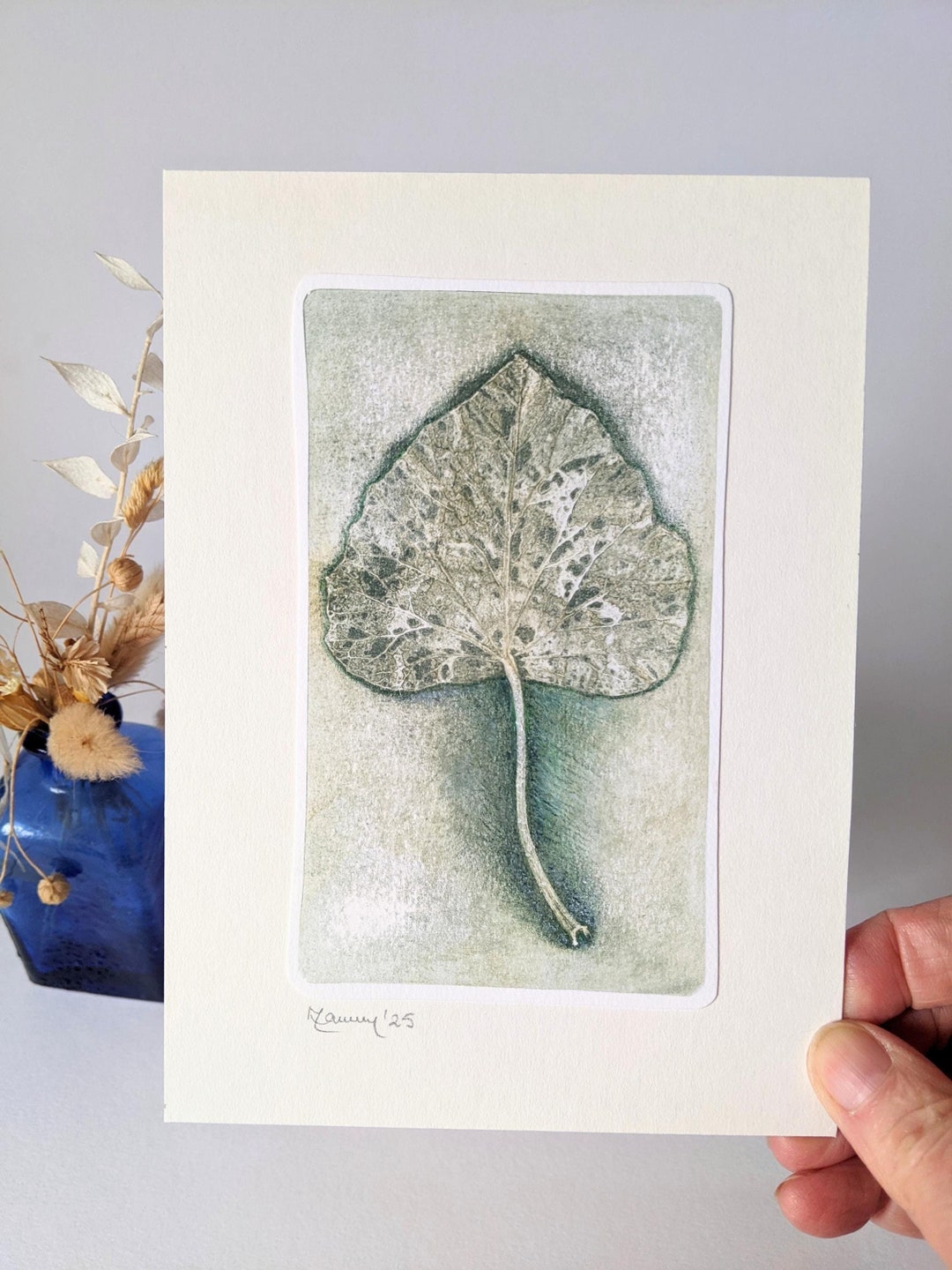 Gelli Plate Print, Handmade Monoprint of an Ivy Leaf in Green ...