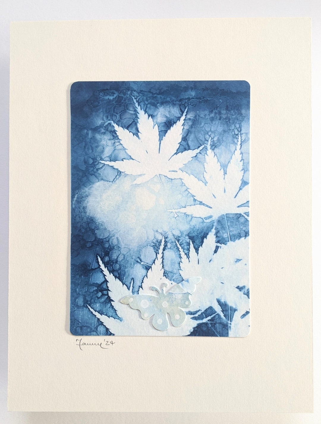 An Original Wet Cyanotype of Maple Leaves With a Butterfly, This is a ...