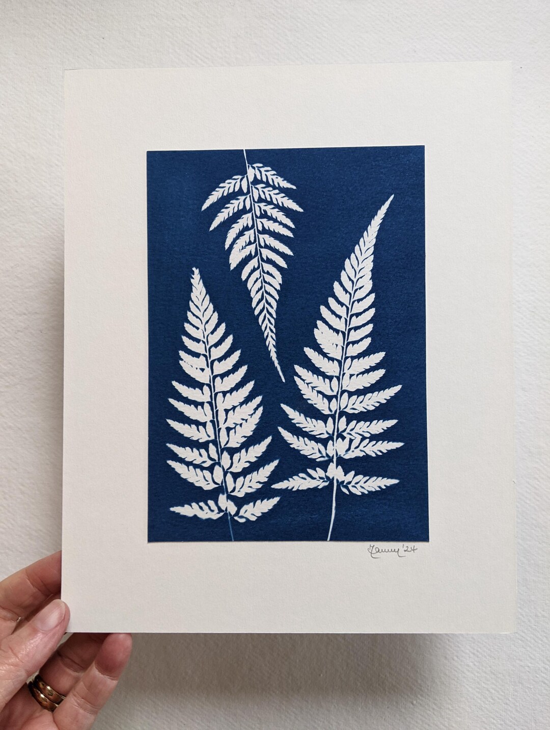 Cyanotype Art of Three Fern Fronds, Botanical Signed Print, Handmade on ...