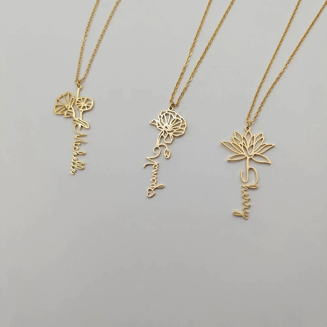Flower Name Necklace/personalized Stainless Steel Pendant Gold Flower ...