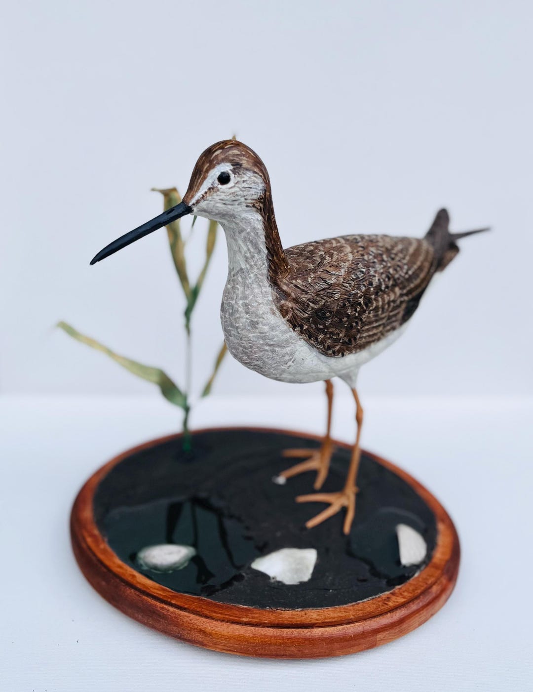 Wooden Carved and Painted Greater Yellowlegs on Marsh Stand Oranament ...