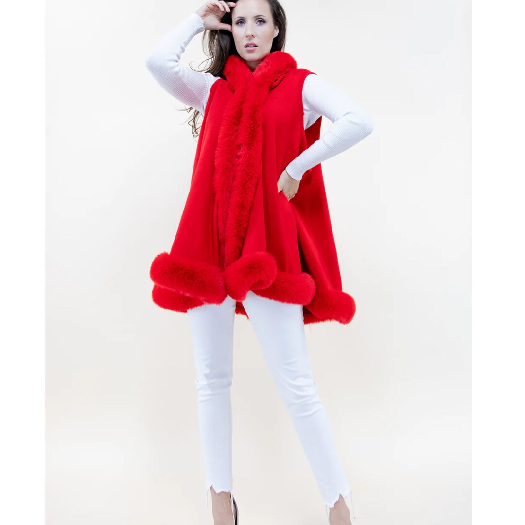 HOT RED Faux Fur Hooded Sleeves Winter Vintage Ruana Scarf Shawl Faux ...