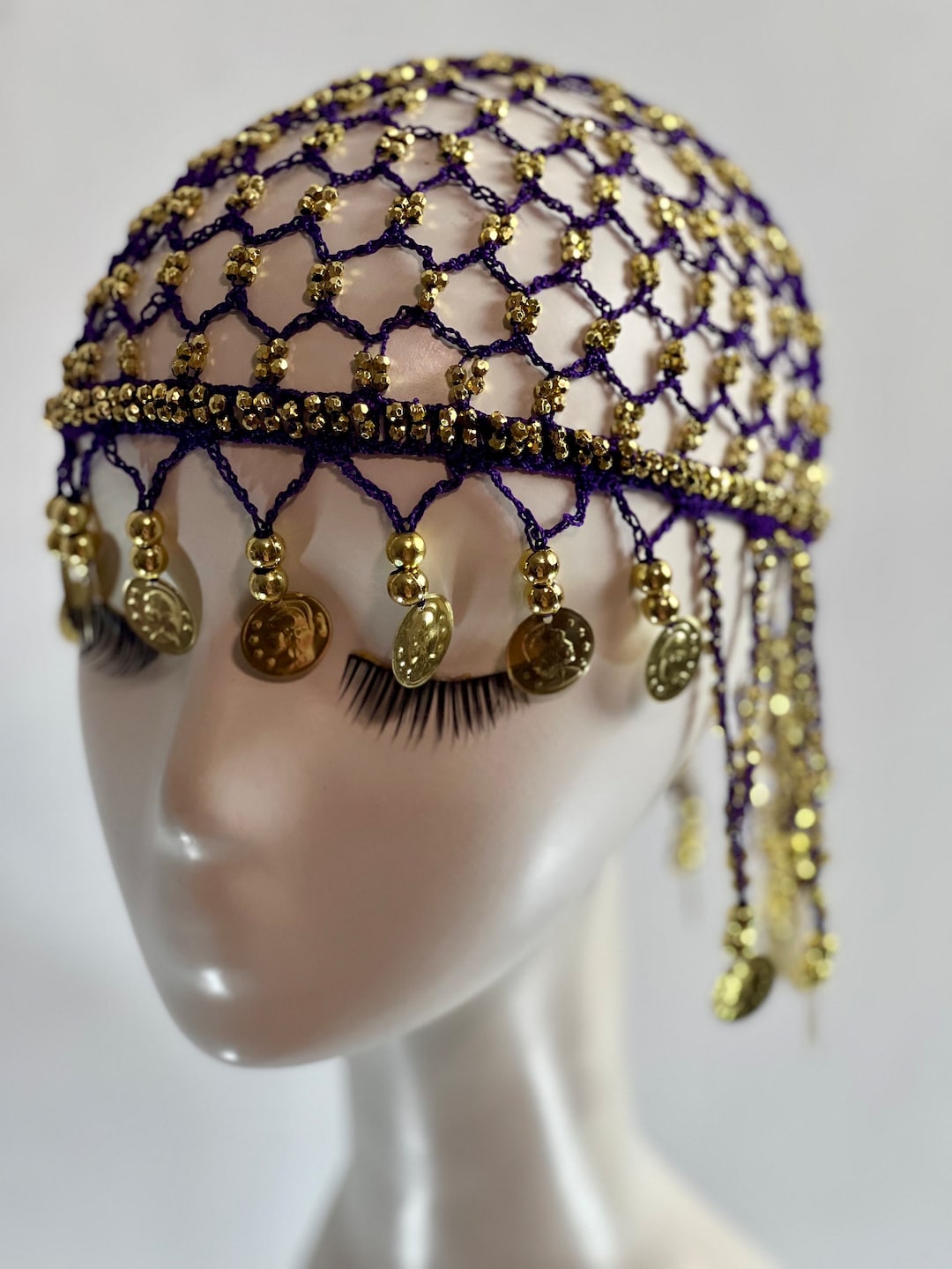 Gold Beaded Exotic Cleopatra Head Piece Cap Egyptian Tassel Chain Durag ...