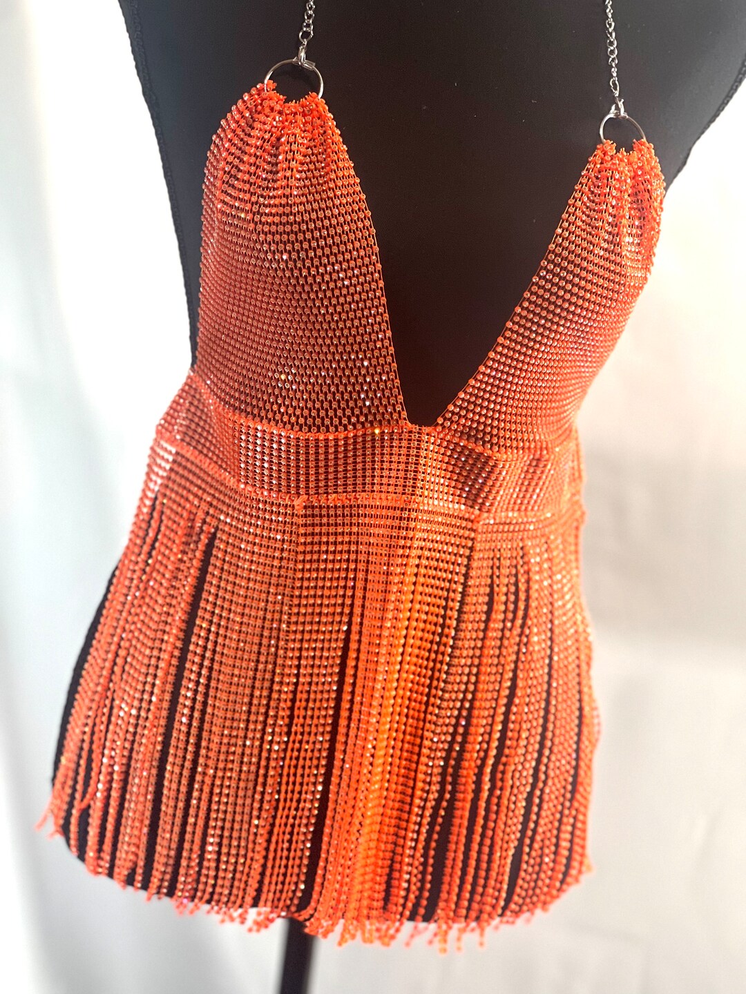 Orange Mesh Halter Top Chainmail Cropped Adjustable Sexy Crop Top Dance ...