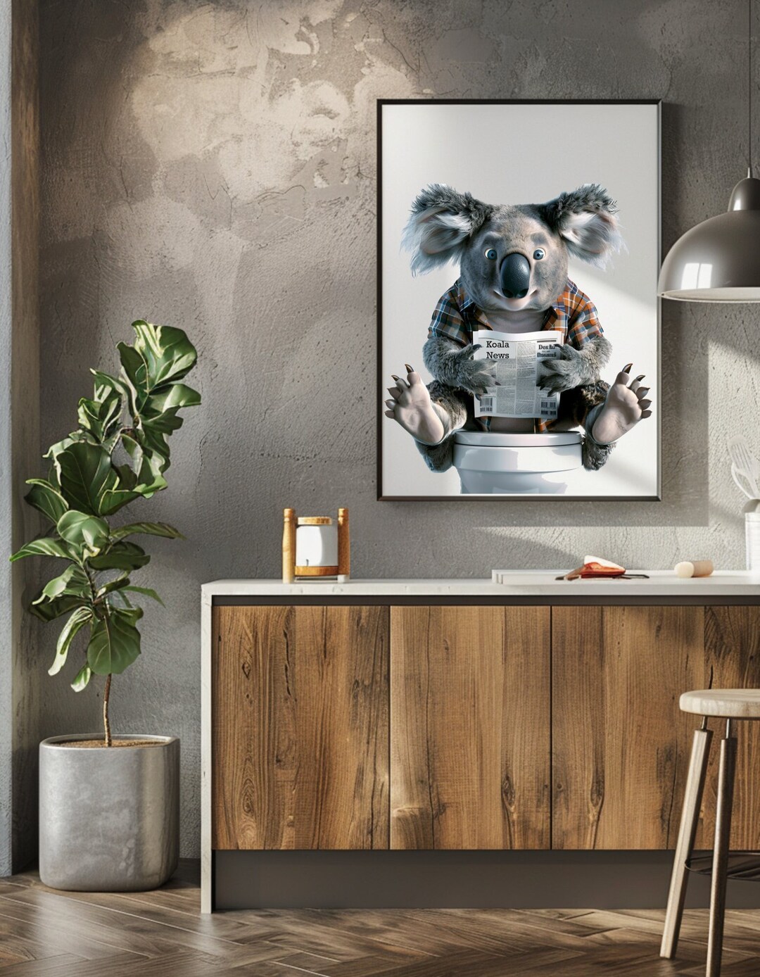 Koala on Toilet With Newspaper, Koala Toilet Wall Art, Funny Bathroom ...