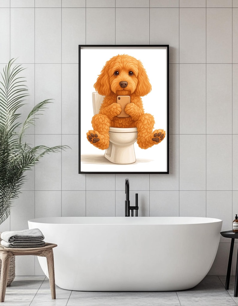 Cavapoo on the Loo Funny Dog Art Print - Cavapoo Bathroom Decor - Dog ...