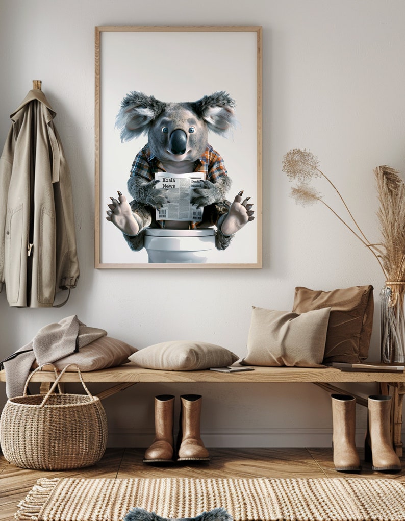 Koala on Toilet With Newspaper, Koala Toilet Wall Art, Funny Bathroom ...