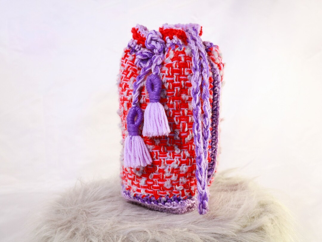 Red and Purple Crochet Boho Bucket Bag, Lined Woven and Knit Boho Purse ...