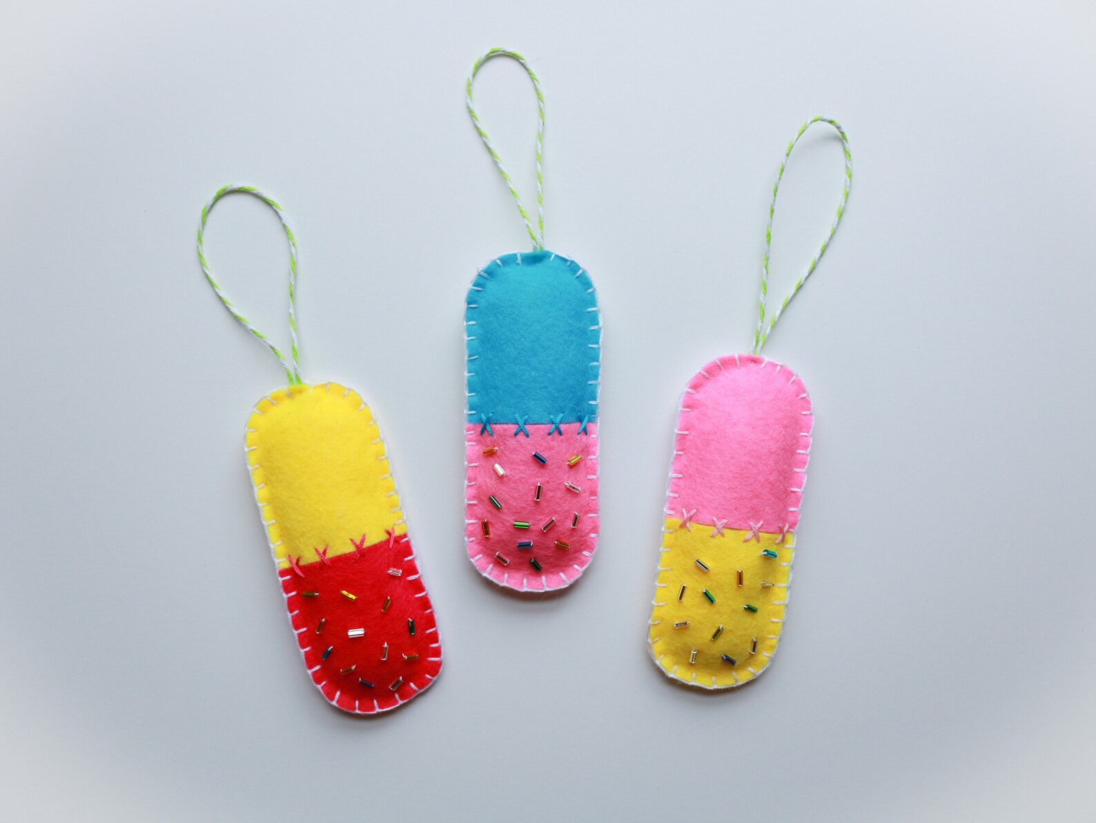 Pack of 3 Beaded Happy Pill Ornament Set, Chill Pill Ornament Set, Felt ...