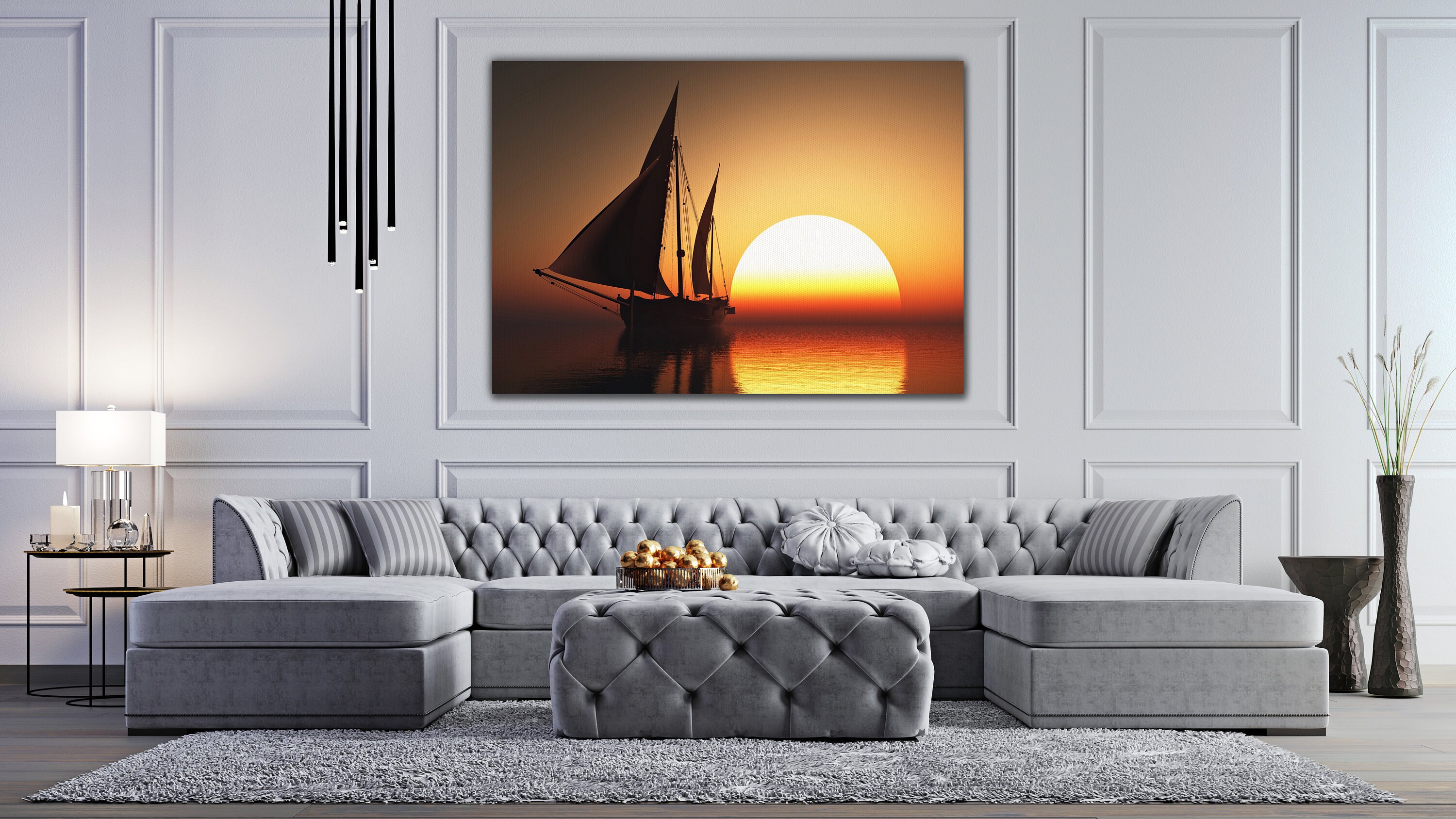 Silhouetten Boot bei Sonnenuntergang, Leinwand Wand Kunstdruck ...