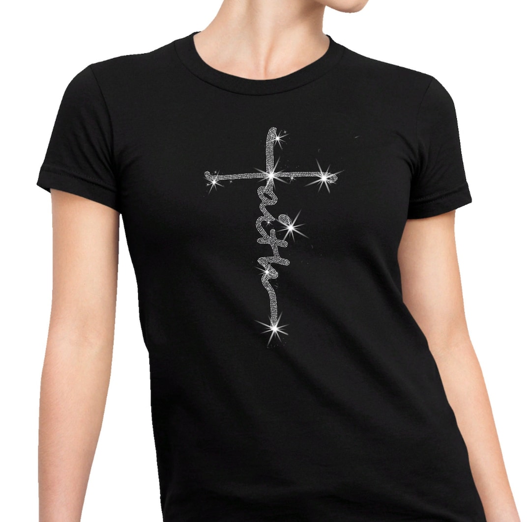 Vertical Faith & Cross Rhinestone T-shirt, Jesus Aesthetic Tee-shirt ...