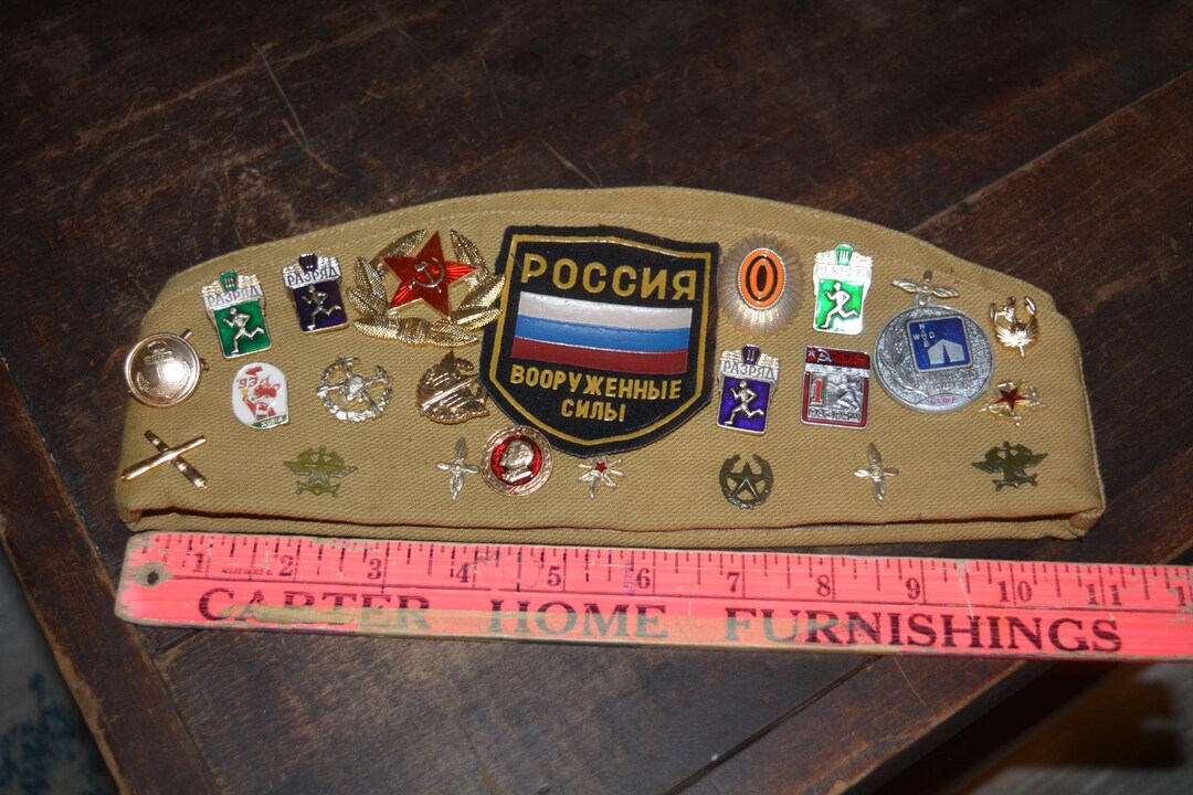 Vintage Soviet Union Pilotka Military Hat With Multiple Pins and Badges ...