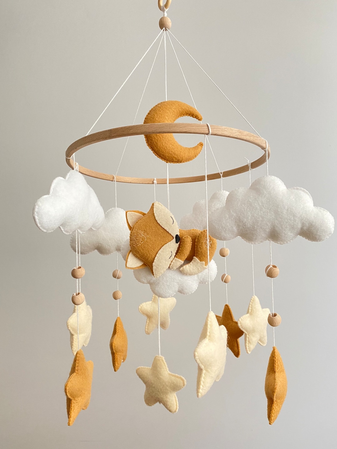 Sleeping Fox Baby Mobile: Handmade Felt Moon, Stars & Clouds - Etsy
