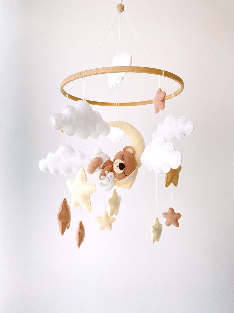 Handmade Felt Baby Mobile: Sleeping Bear, Moon & Stars Nursery Decor - Etsy