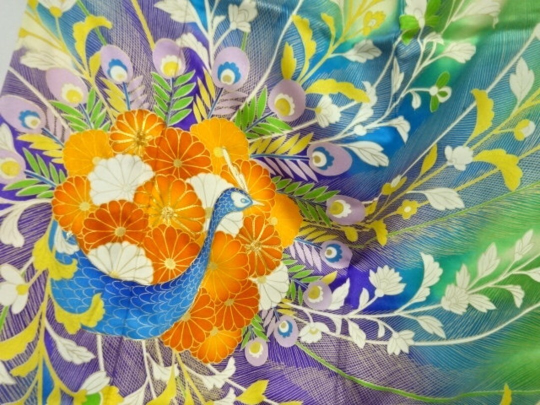 Authentic Antique Japanese Kimono Green Furisode With Peacock and ...