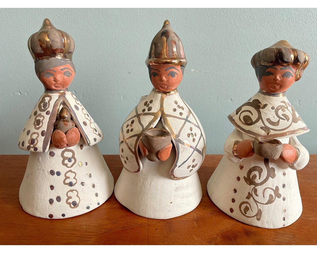 3 Wise Men Figurines, Pottery Folk Art Nativity Kings, Christmas Table ...
