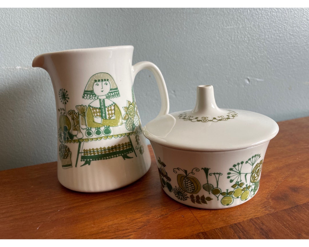 Figgjo Flint Turi Sugar & Creamer Set, Green Market Pattern, Norway Mid ...
