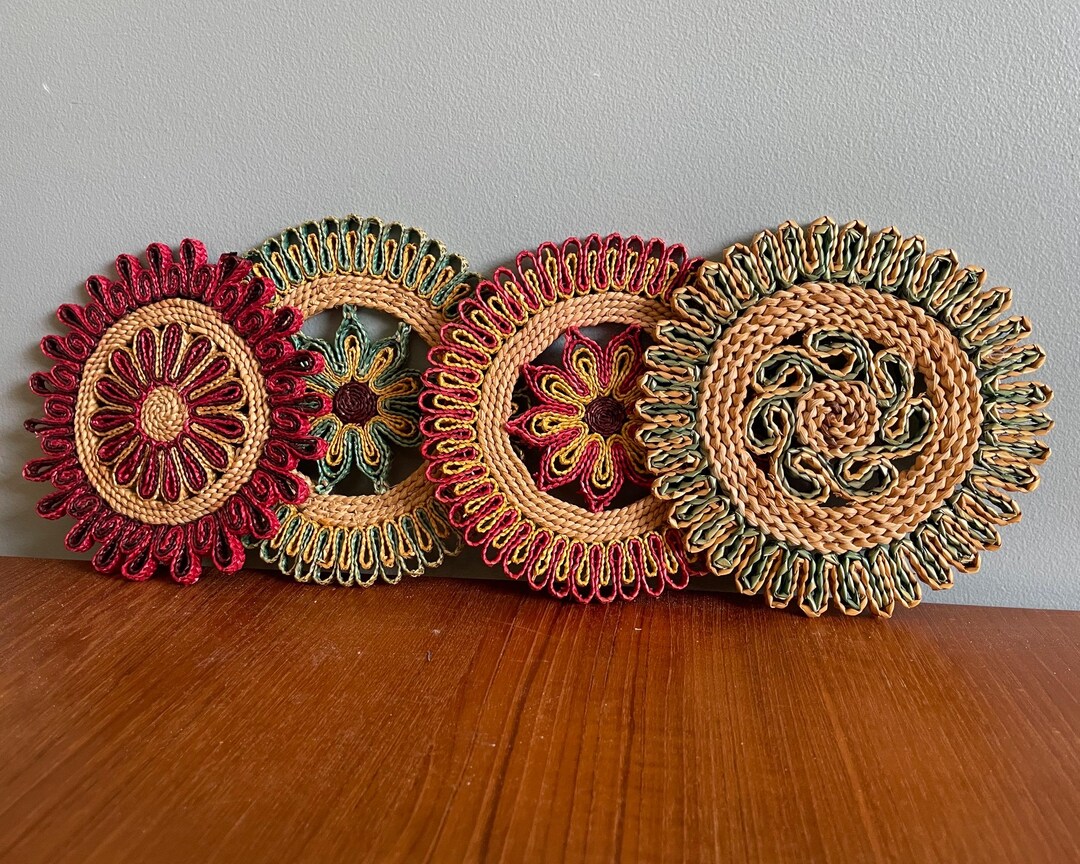 4 Straw Rattan Trivets, Kitchen Wall Hangings, Mid Century Retro Table ...