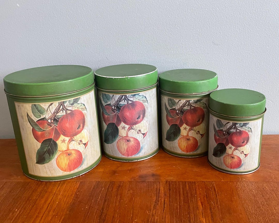 Vintage Set of 4 Tin Canisters, Red Apples, Stacking Kitchen Storage ...