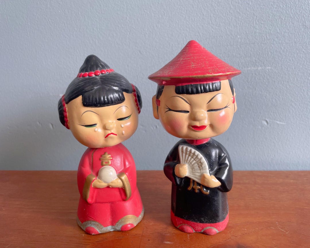 Vintage Japanese Bobblehead Kokeshi Dolls, Male & Female Figurines Made ...