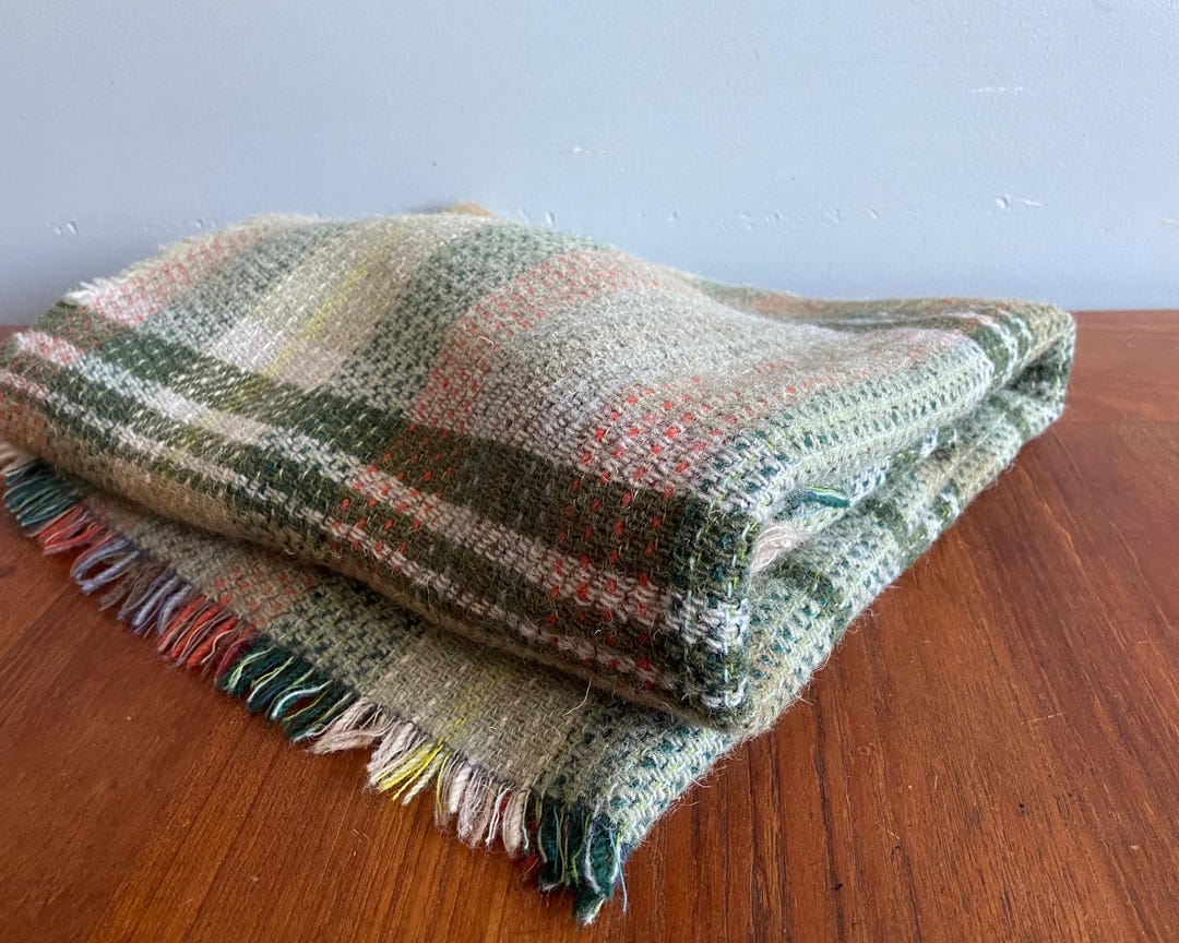 Vintage Tweedmill Wool Throw, Made in Britain, Green & Cream Plaid With ...