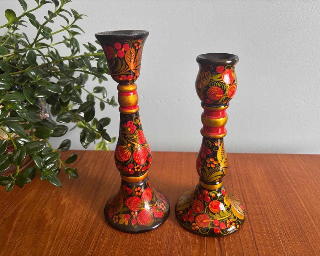 Russian Khokhloma Candlestick, Wood Turned Handpainted Folk Art Candle ...