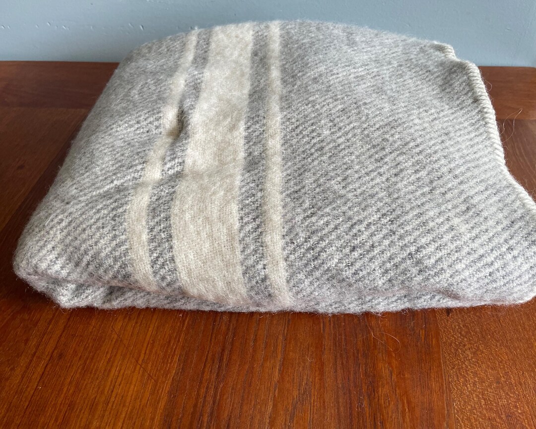 Vintage Wool Light Grey With Stripe Blanket, Made in Lithuania, Natural ...