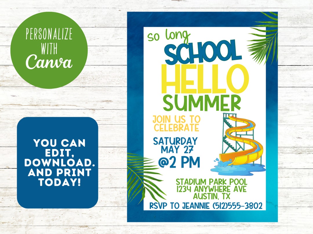 End of School Party Invitation - Hello Summer - School’s Out - Sun ...