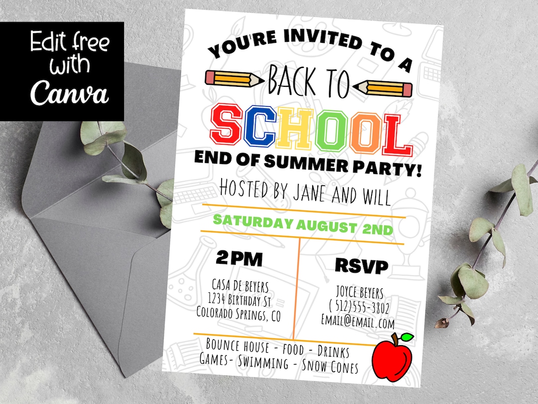 Back to School Party Invitation | Editable Template | School Invite ...