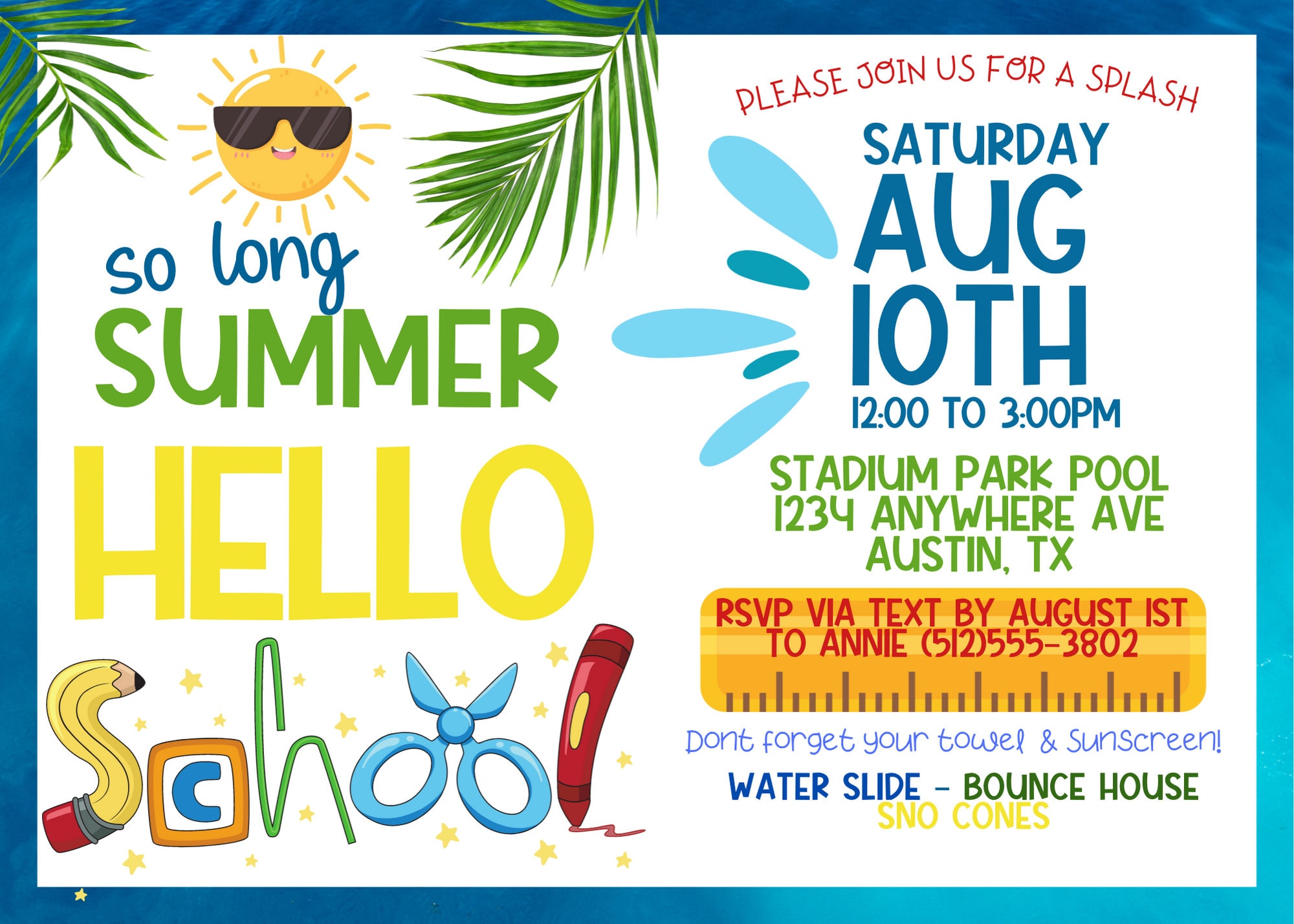 Editable Back to School Pool Party Invitation End of Summer - Etsy