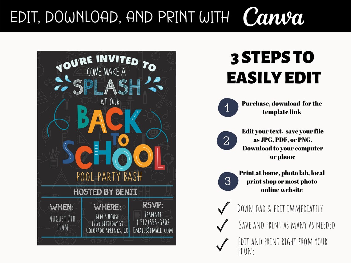 Editable Back to School Pool Party Invitation End of Summer - Etsy