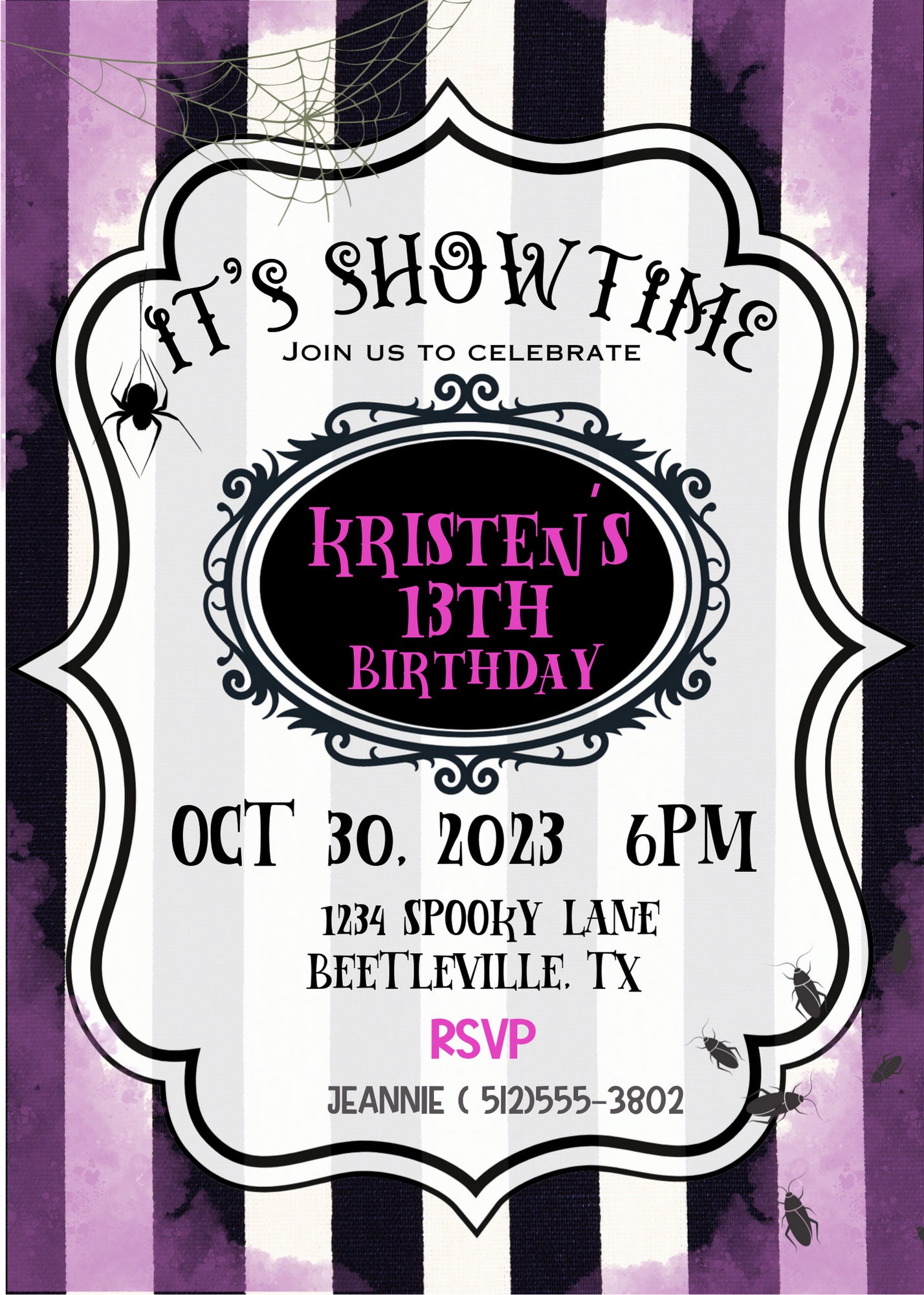 Black White and Purple Striped Birthday Invitation - It's Showtime ...