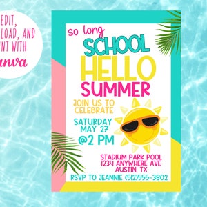 End of School Party Invitation - Hello Summer - School’s Out - Sun ...