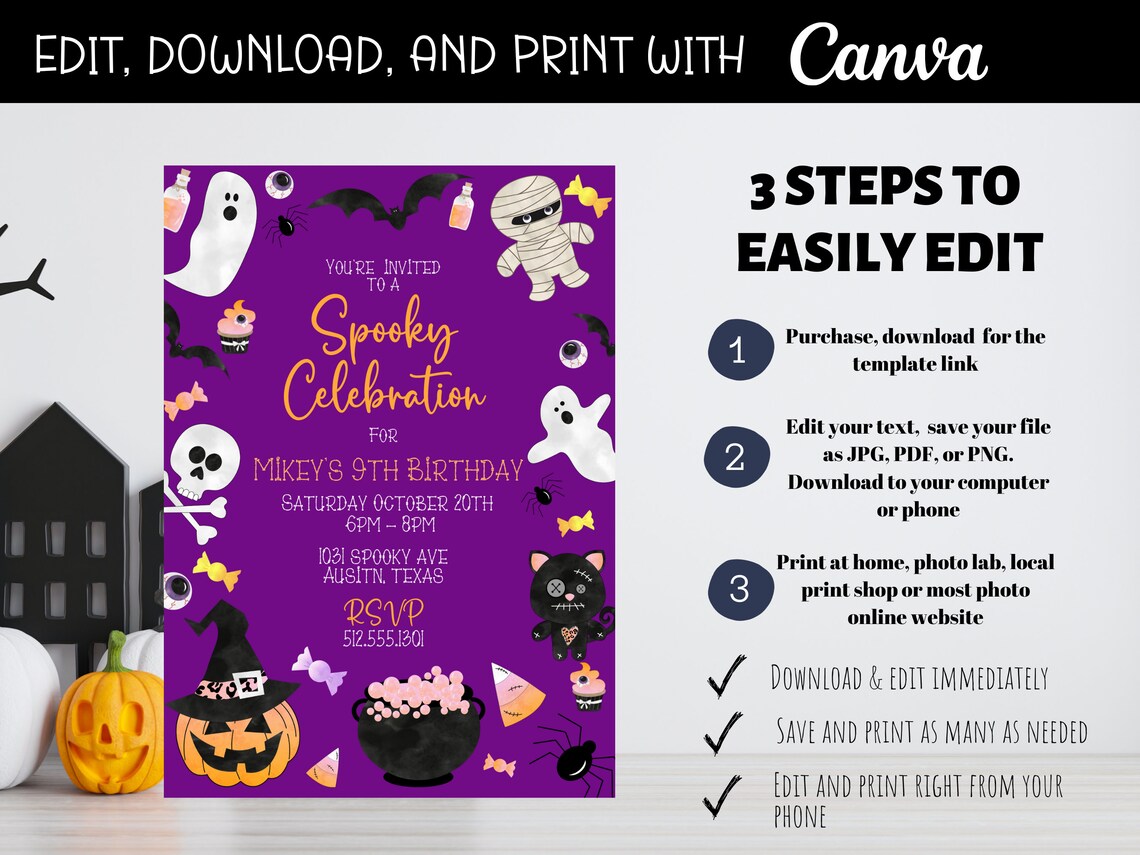 Halloween Birthday Invitation Template Printable Kids - Etsy
