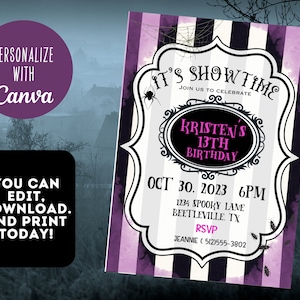 Black White and Purple Striped Birthday Invitation - It's Showtime ...