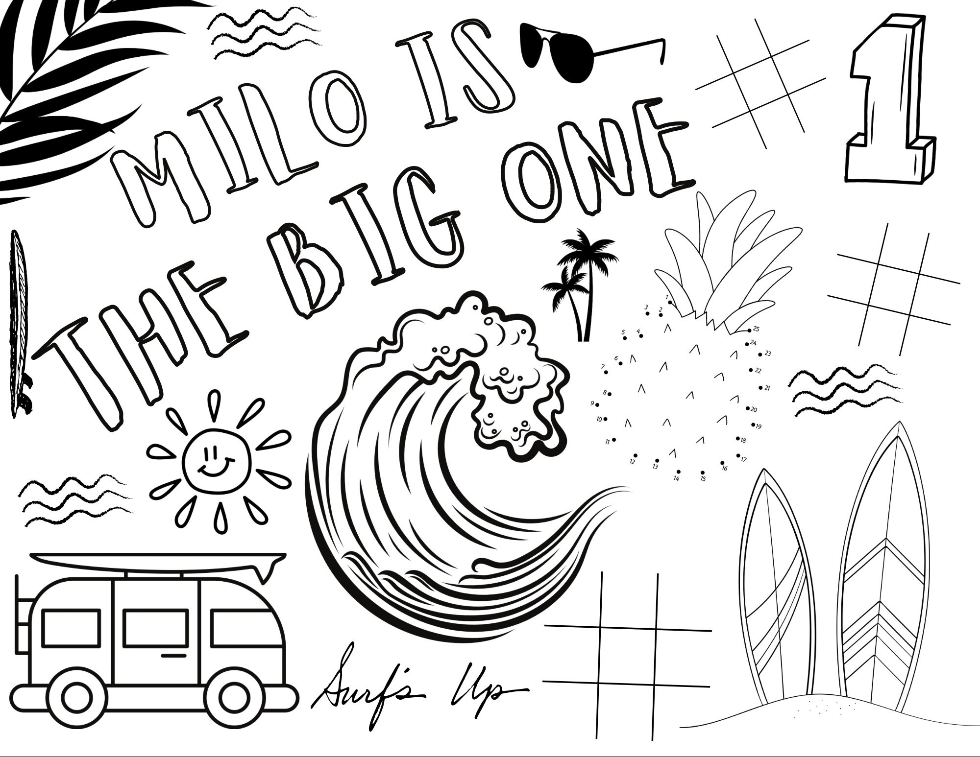 Custom Coloring Page | Surf Birthday Party Favor | the Big One Coloring ...