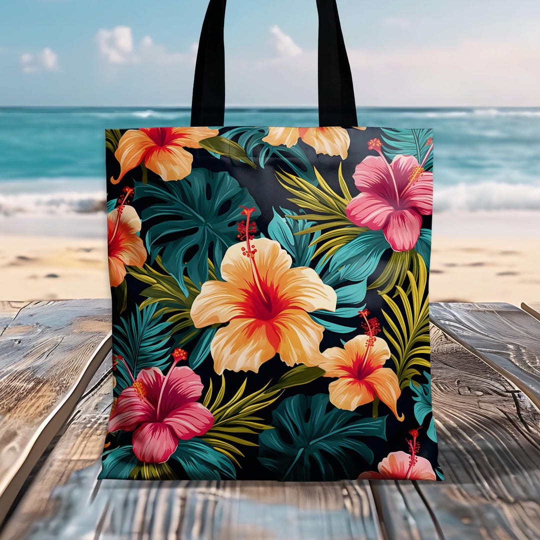 Hibiscus Flower Totebag, Cute Beach Tote, Waterproof Beach Bag, Floral ...