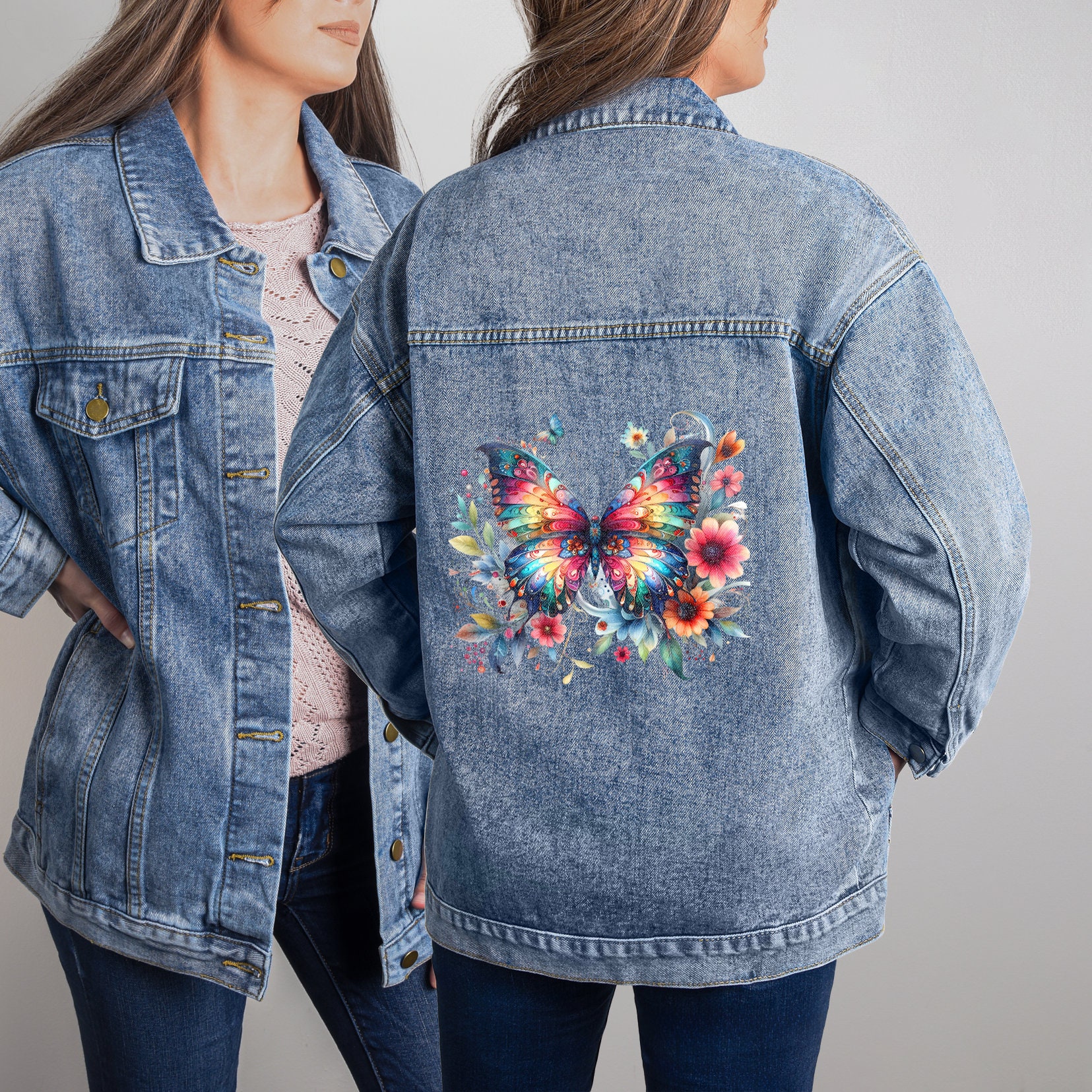 Sunflower Butterfly Denim Jacket: Back Print Boyfriend Style - Etsy