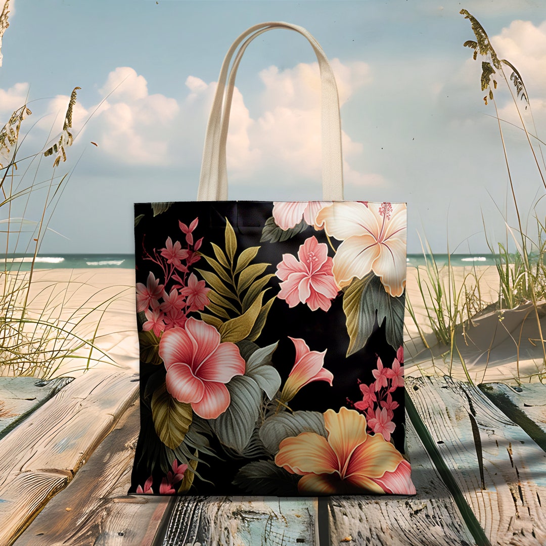 Hibiscus Flower Totebag, Waterproof Beach Bag, Cute Beach Tote, Floral ...