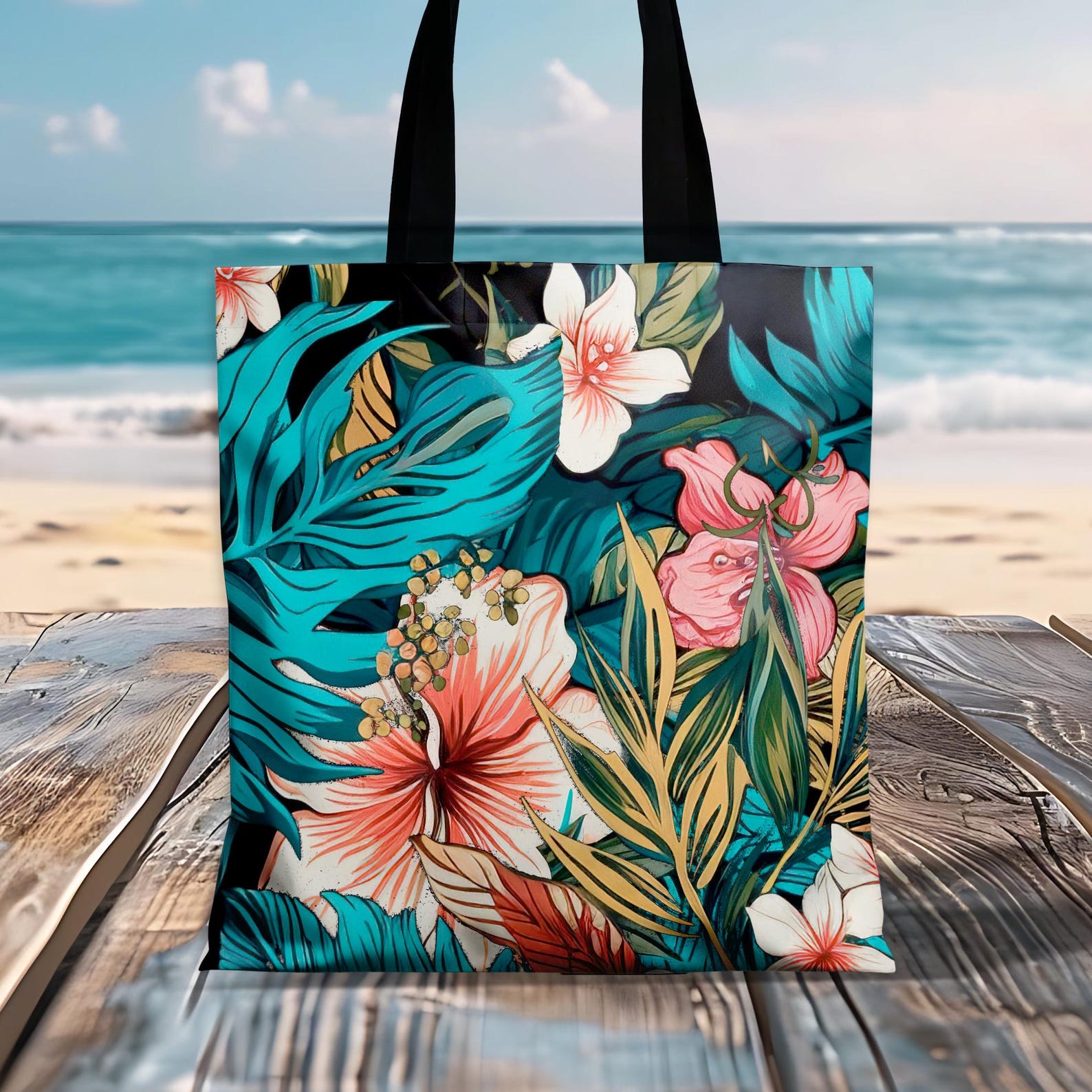 Totebag Hibiscus Print, Cute Beach Tote, Water Resistant Beach Bag ...