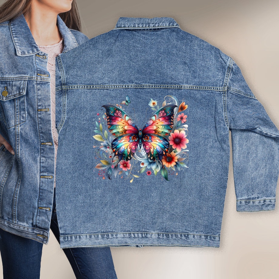 Sunflower Butterfly Denim Jacket: Back Print Boyfriend Style - Etsy