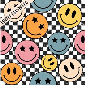Smiley Face Checkered PNG, Retro Happy Face Seamless File - Etsy