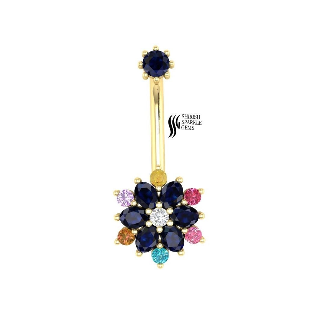 14K Multi Sapphire Belly Button Navel Piercing All Color Belly Button ...