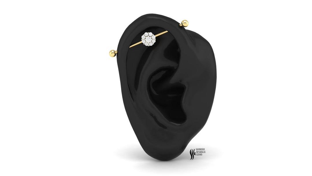 14k Gold Diamond Flower Industrial Barbell Elegant Scaffold Piercing ...