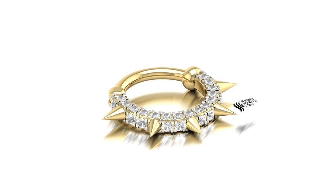14K Solf Gold Diamond Spike Septum Ring – Edgy Cartilage Septum Hoop ...