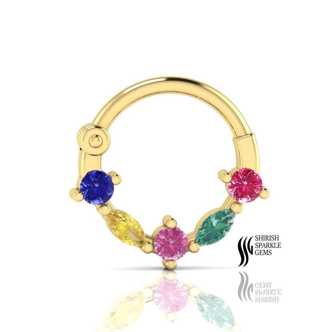 Rainbow Sapphire Nose Septum Multi Sapphire Nose Septum Hoop Piercing ...