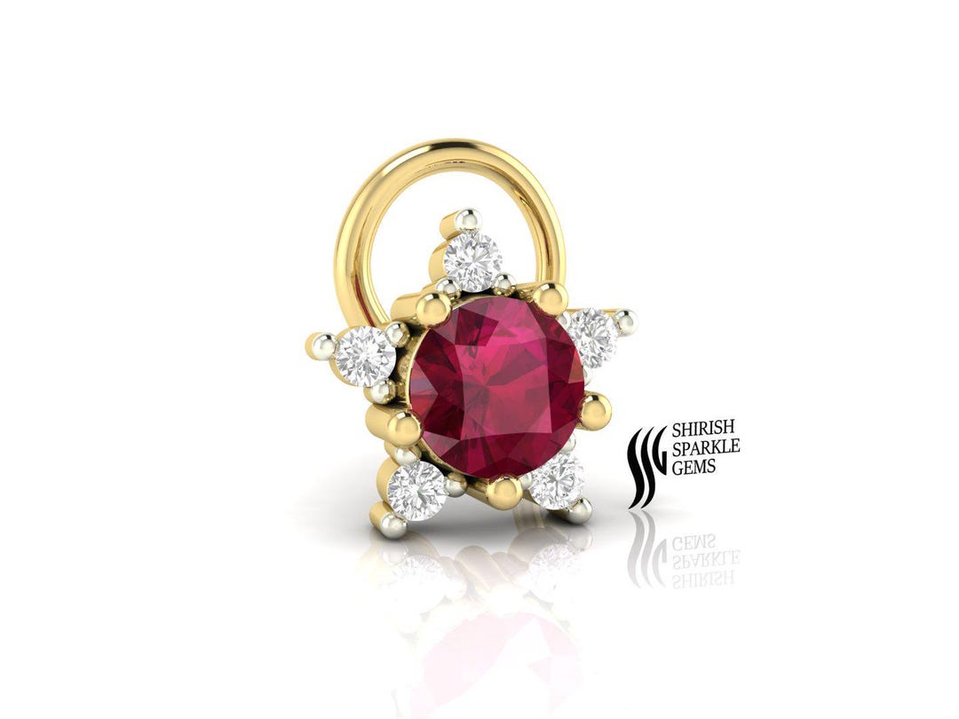 14k Natural Ruby Diamond C Wire Nose Pin / Ruby Diamond L Wire Nose Ear ...
